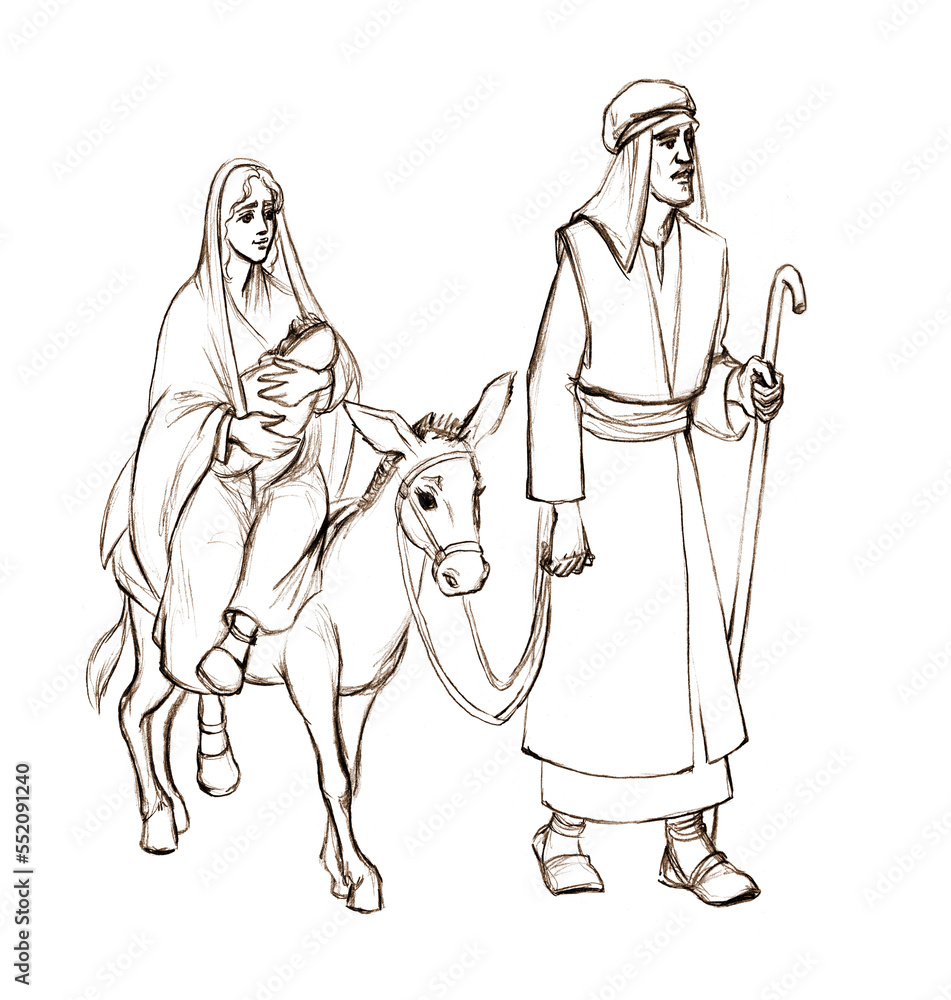 Pencil drawing. Joseph and Mary go to Bethlehem Stock Illustration ...