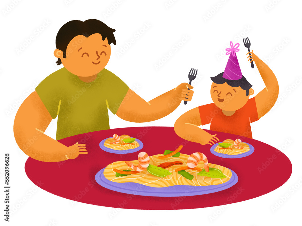 Filipino father and son eating pansit bihon noodles together during a ...