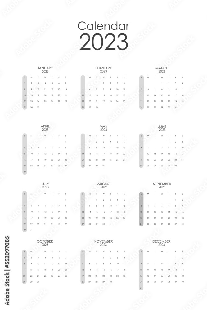 2023 Calendar. The week starts on Sunday. Vector Stock Vector | Adobe Stock