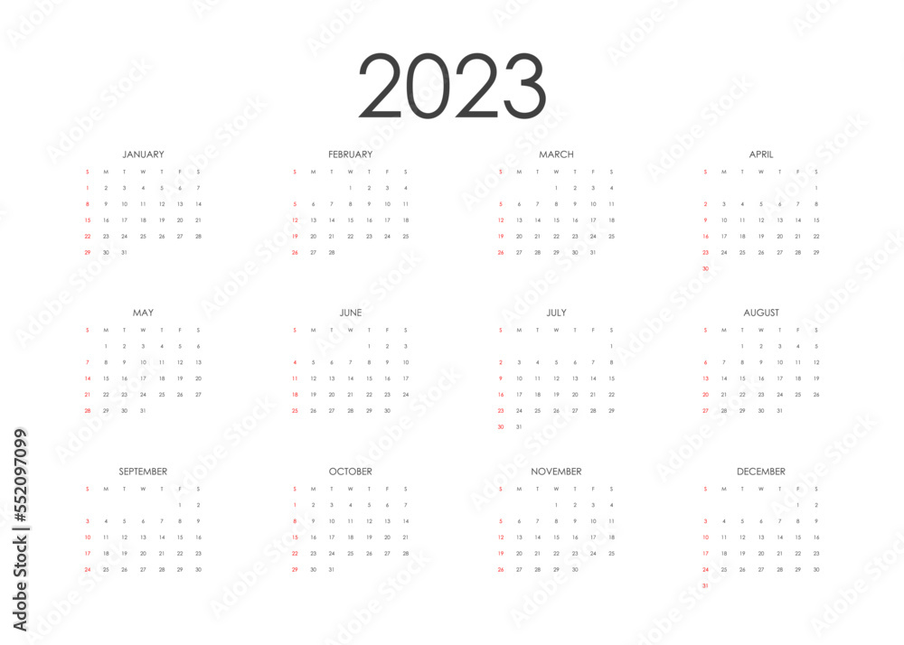 2023 Calendar. The week starts on Sunday. Vector Stock Vector | Adobe Stock