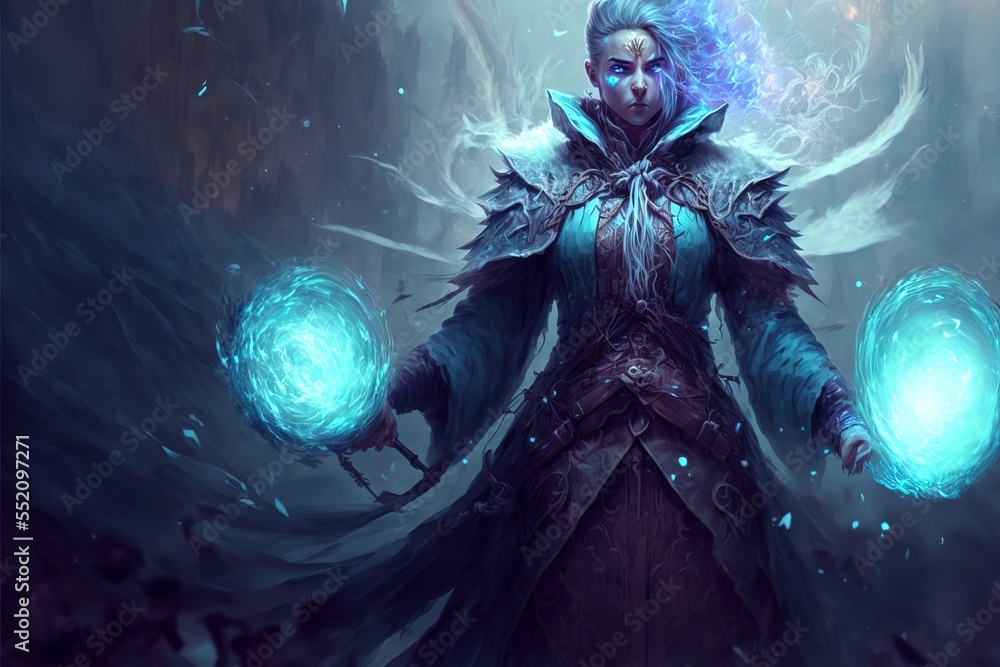 The girl is a magician of ice and cold, she casts an ice magic spell ...