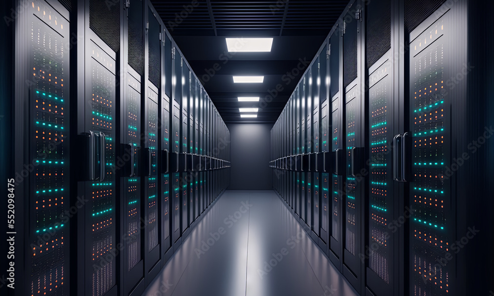 Generative AI Imagery of dark servers data center room with computers ...