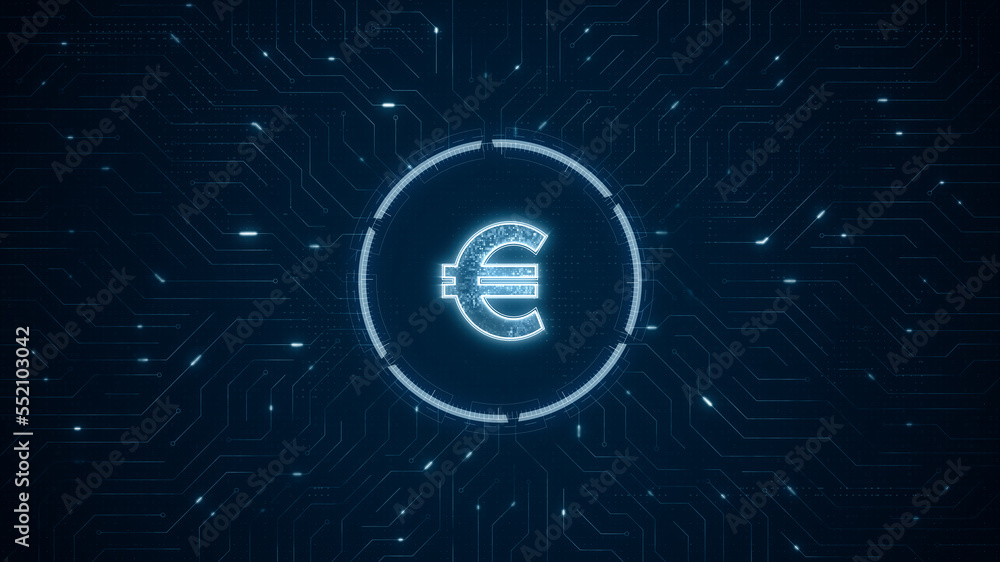 Blue digital money logo and futuristic technology circle HUD with ...
