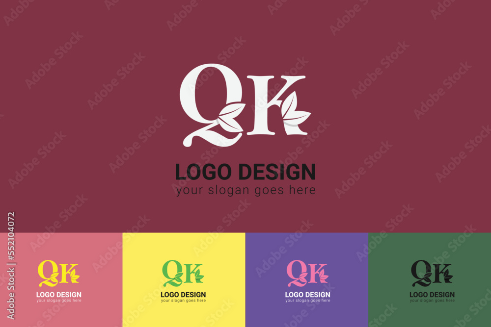 Ecology QK letters logo with green leaf. QK letters eco logo with leaf ...
