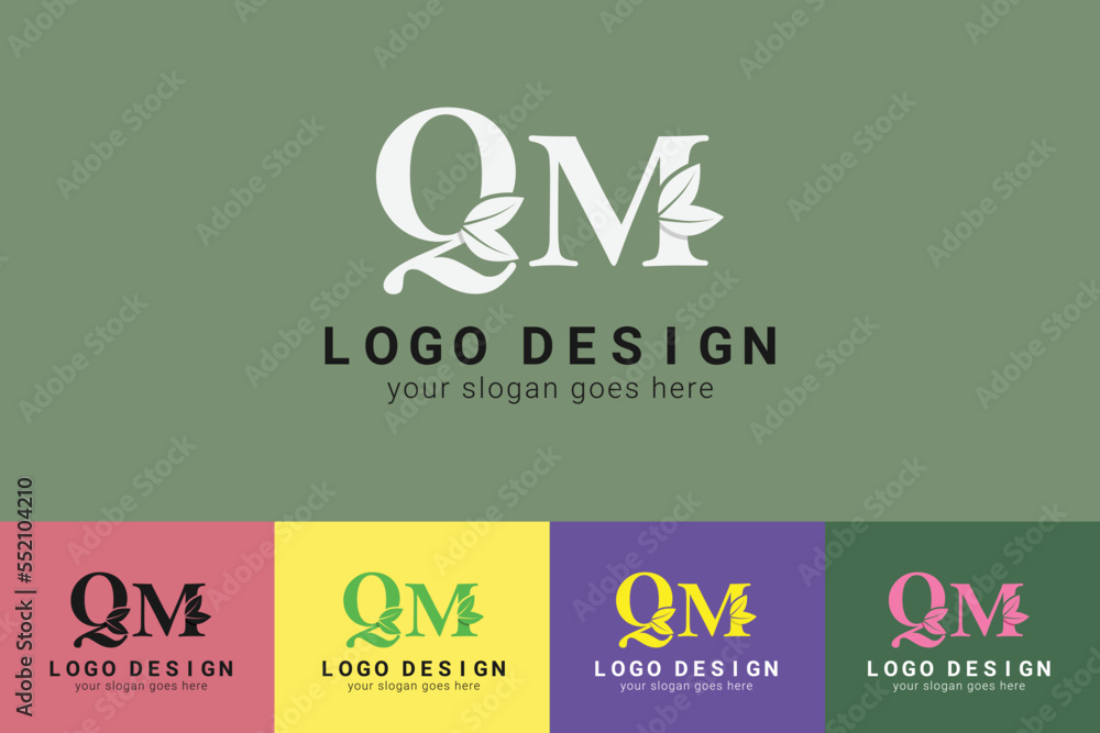 Ecology QM letters logo with green leaf. QM letters eco logo with leaf ...