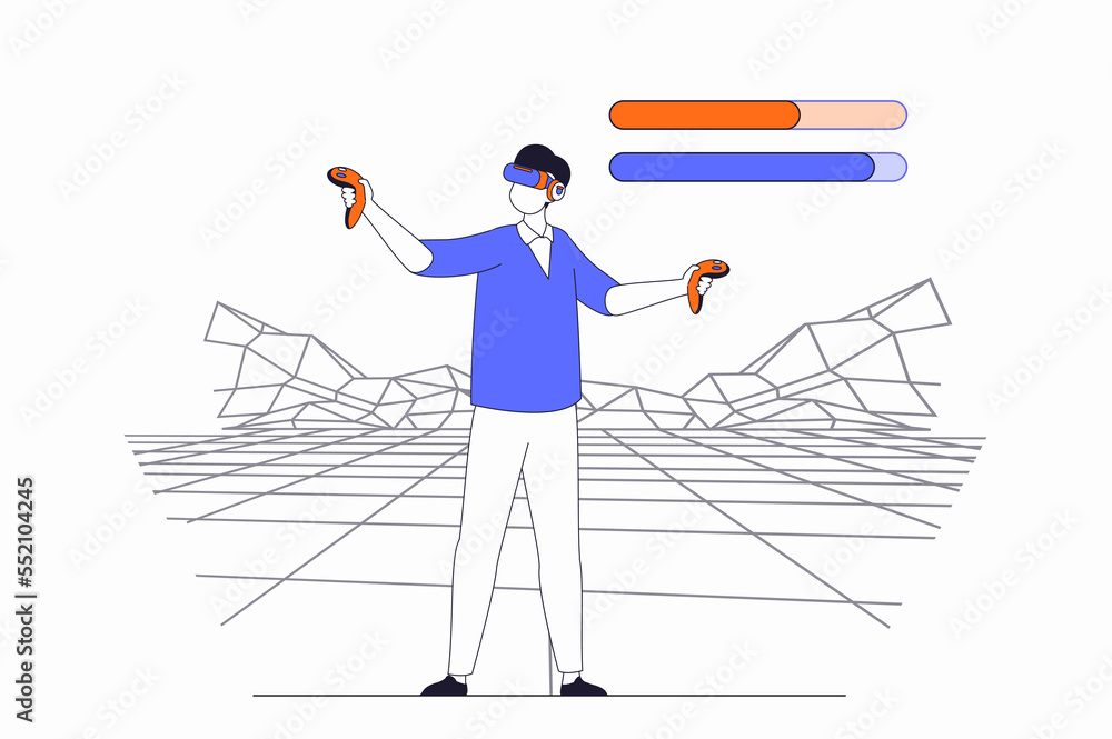 Virtual reality concept with people scene in flat outline design. Man ...