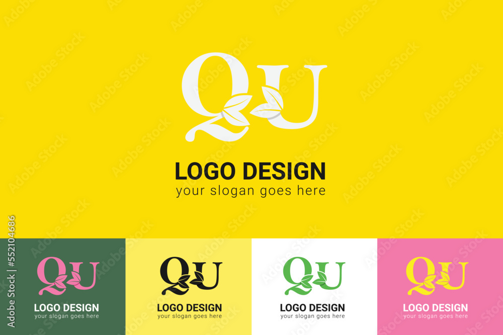 Ecology QU letters logo with green leaf. QU letters eco logo with leaf ...