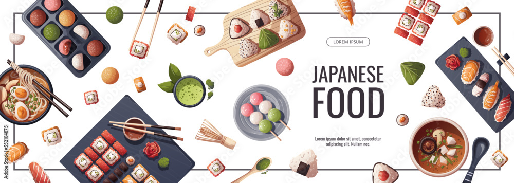 Banner design with Sushi, Miso soup, ramen, onigiri, dango, mochi ...