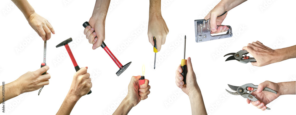Hands holding construction tools isolated on white background. Banner ...