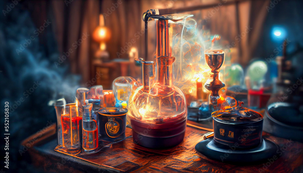 Wizard laboratory, chemical tubes and flasks of different shape and ...