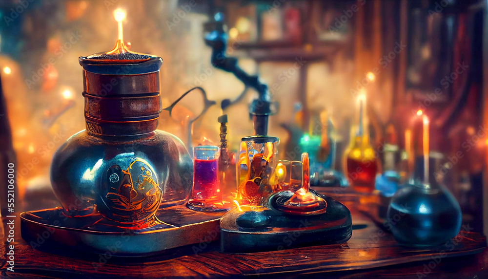 Wizard laboratory, chemical tubes and flasks of different shape and ...