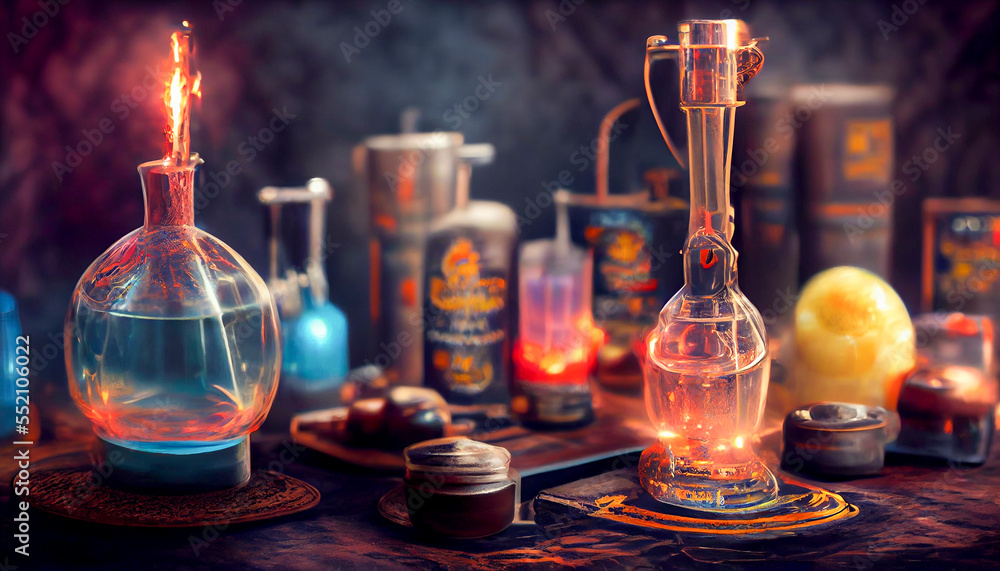 Wizard laboratory, chemical tubes and flasks of different shape and ...