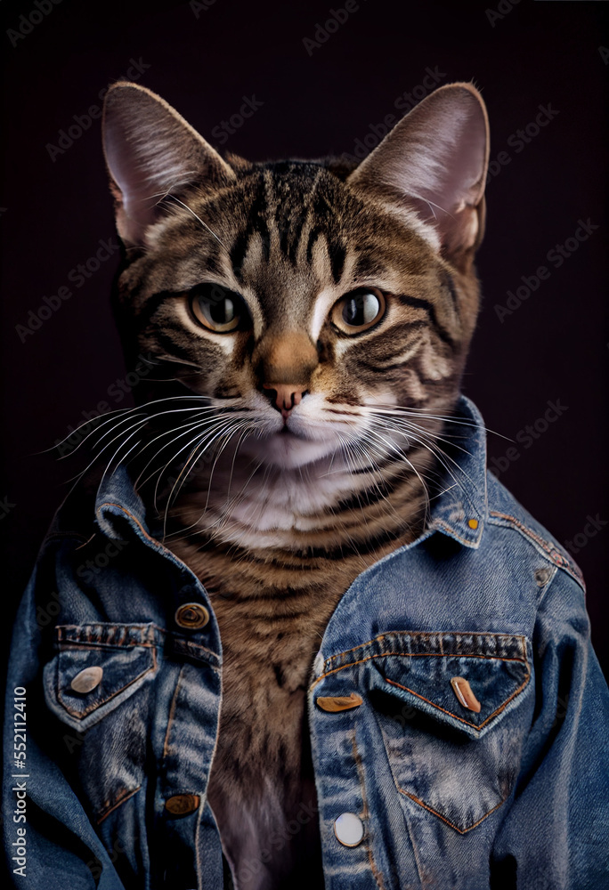 Short Haired Tabby Cat Wearing Denim Jacket. Generative AI Stock ...