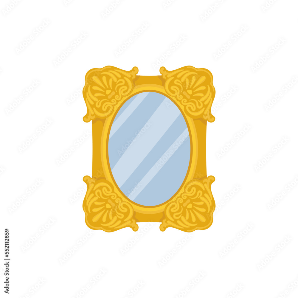 Vintage mirror in gold frame vector illustration. Cartoon drawing of ...