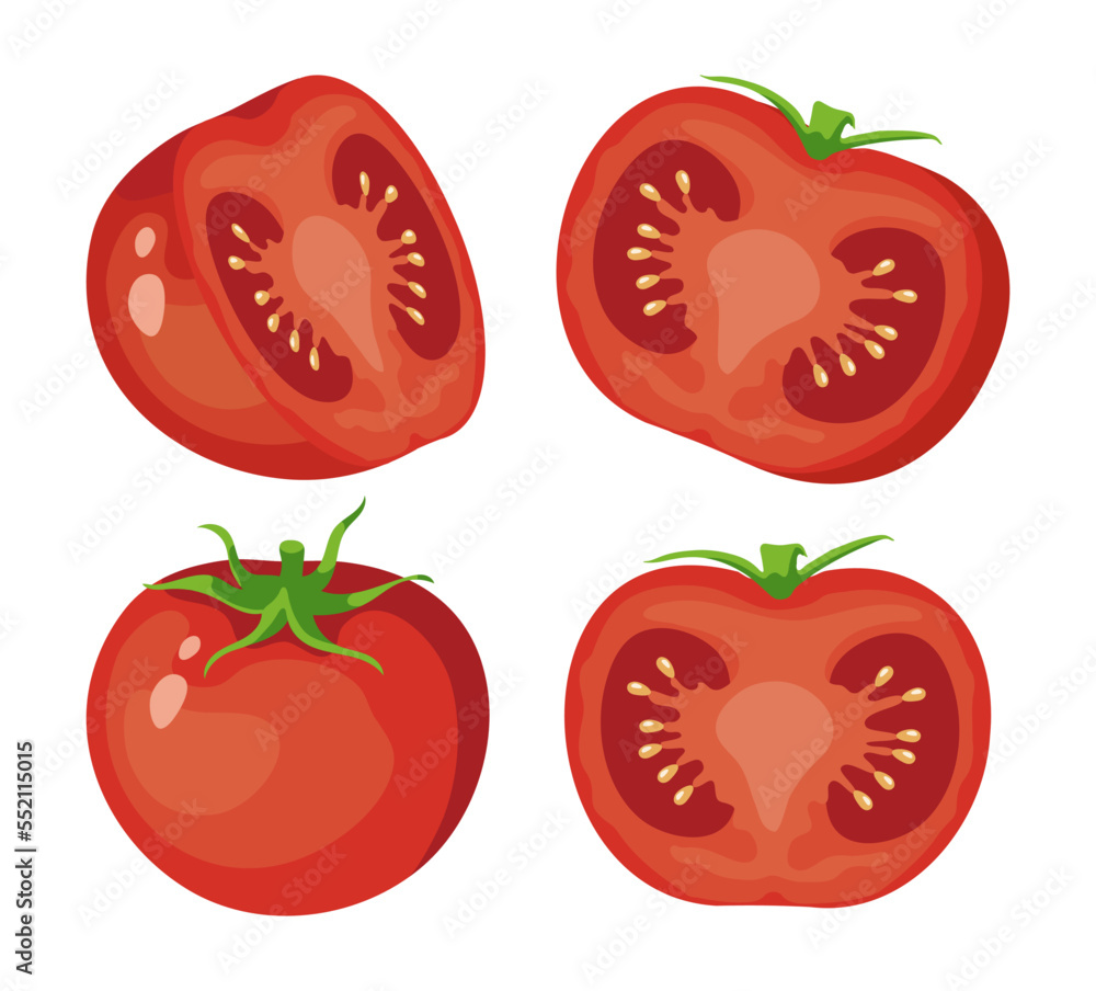 Halves of ripe tomato vector illustrations set. Collection of cartoon ...