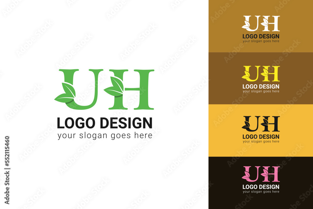 Ecology UH letters logo with green leaf. UH letters eco logo with leaf ...