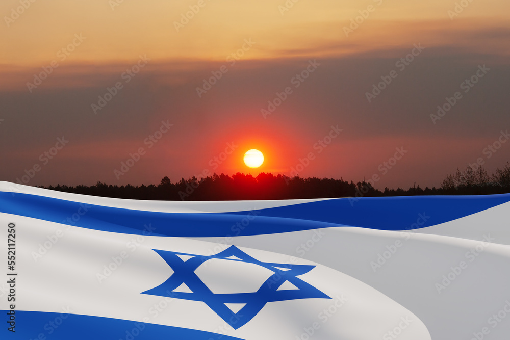 Israel flag with a star of David over cloudy sky background on sunset ...