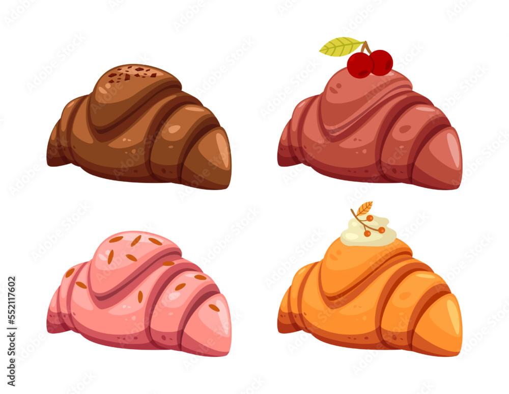Tasty croissants of different colors vector illustrations set ...
