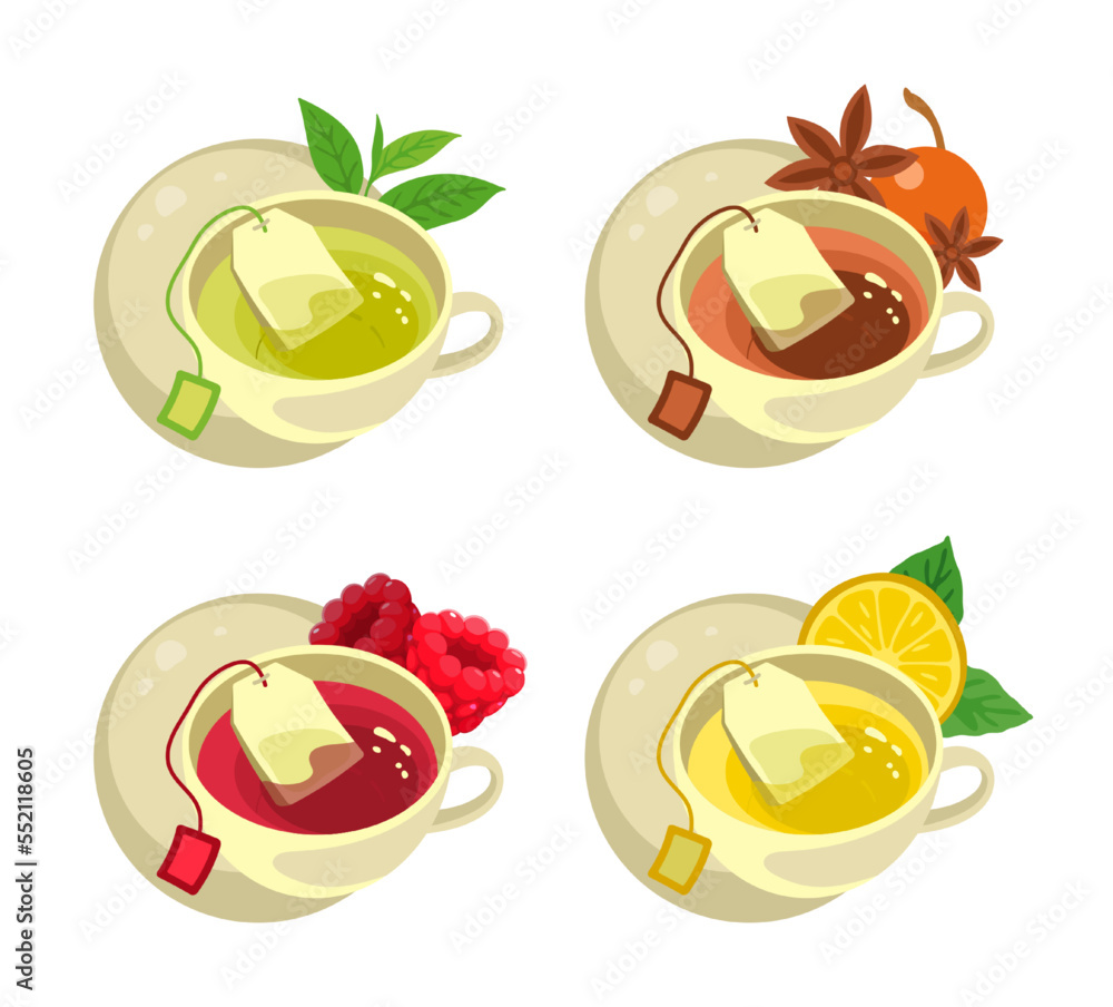 Cups of tea with different flavors vector illustrations set. Collection ...