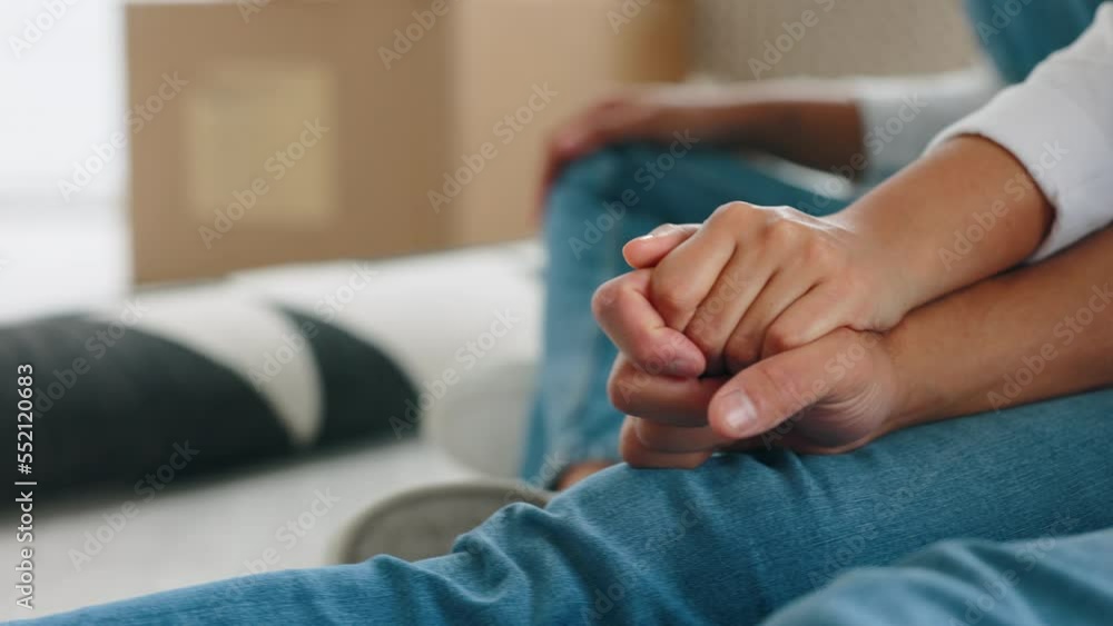 Homeowners, man and woman hold hands, on floor or excited for new home ...