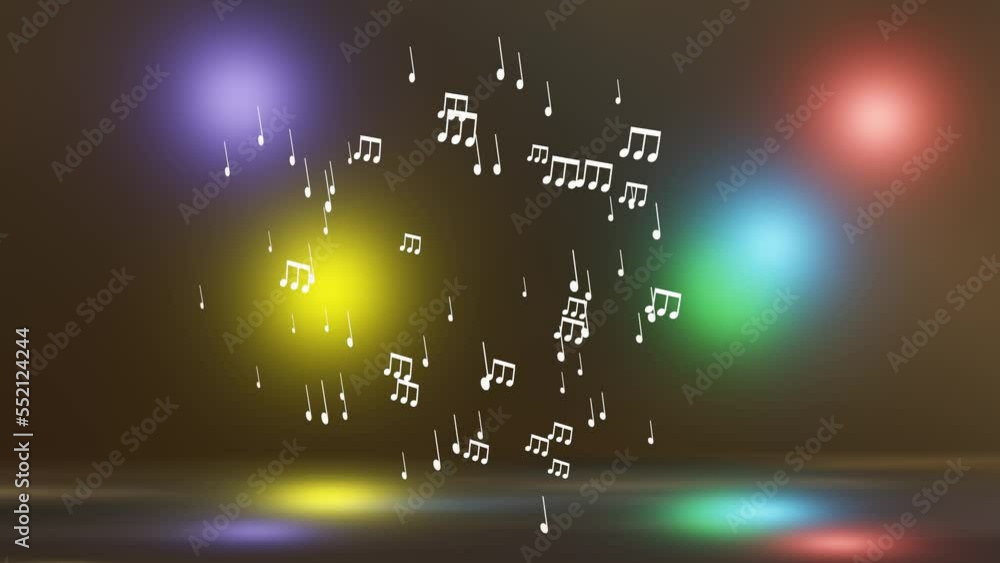 White musical notes float between moving colorful bokeh lights with ...