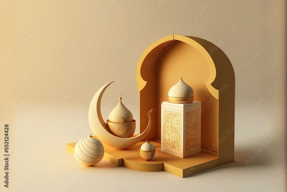 Mock-up of an Islamic storefront. a crescent moon, a podium, a lamp ...