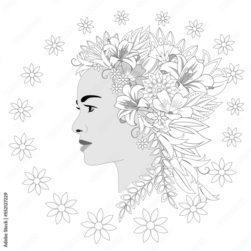 Girl with flowers on her head for coloring book. Vector illustration ...