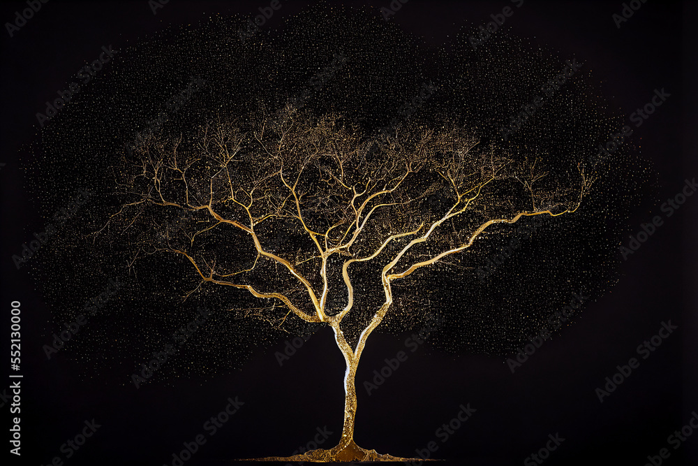 Elegance and luxury. Golden tree and thin branches with sparkling ...