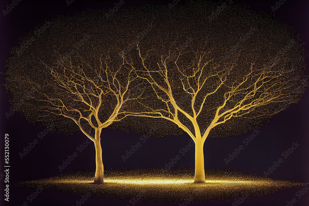 Two golden trees on the left and right on a black background. An ...