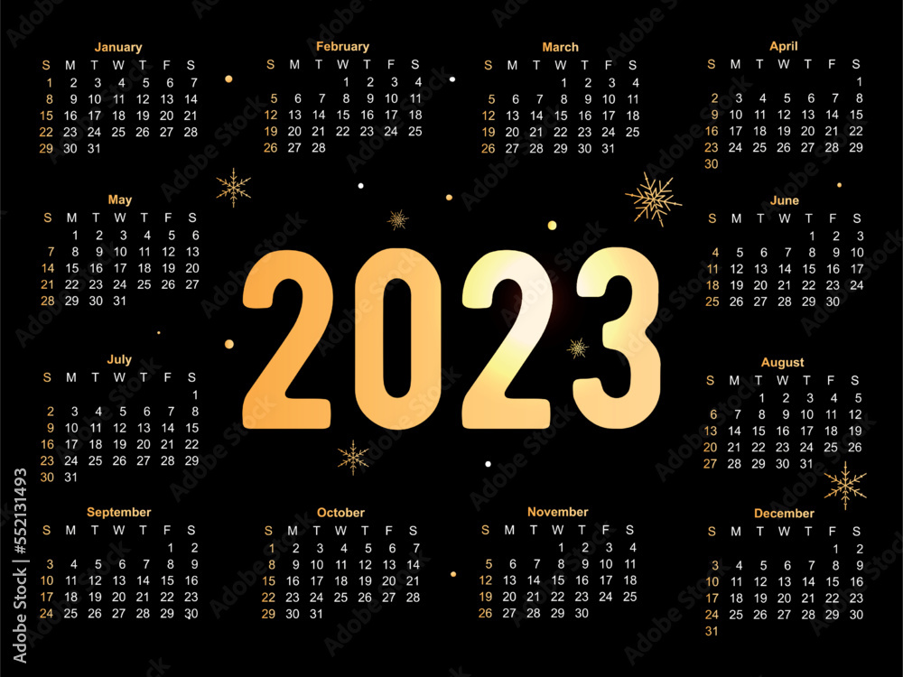 2023 Calendar year vector illustration. The week starts on Sunday ...