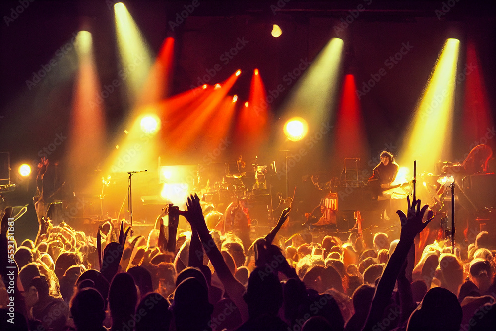 A fiery view of an overexcited audience at a Rock 'n' Roll concert with ...