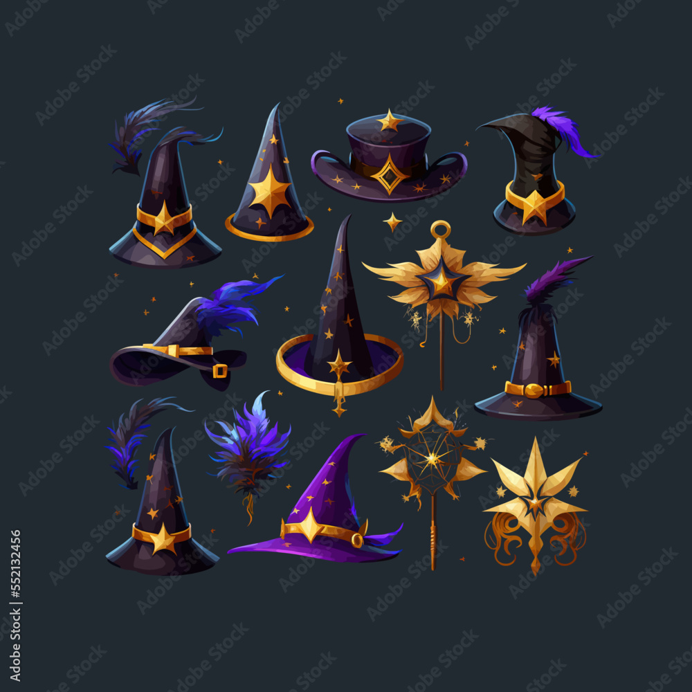 Magic witch hats, wizard caps for Halloween costume. Flat cartoon ...