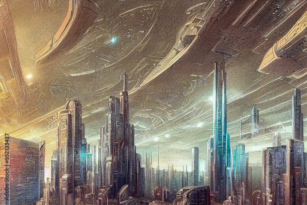 Fantasy futuristic city, digital generative ai illustration in pen hand ...