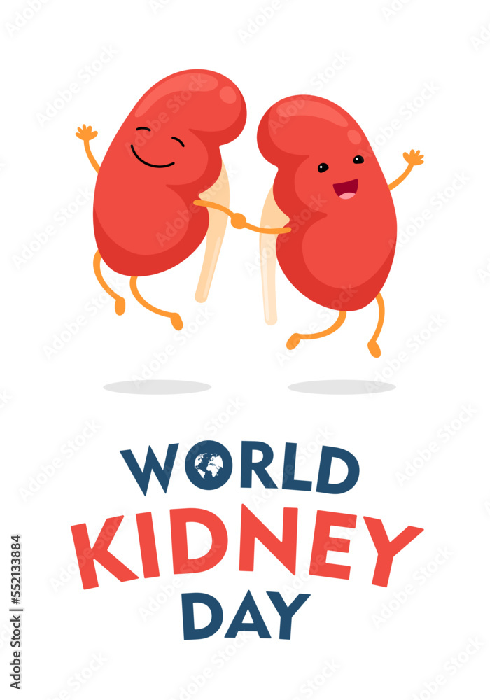 World kidney day vertical poster with cartoon characters joyful jumping ...