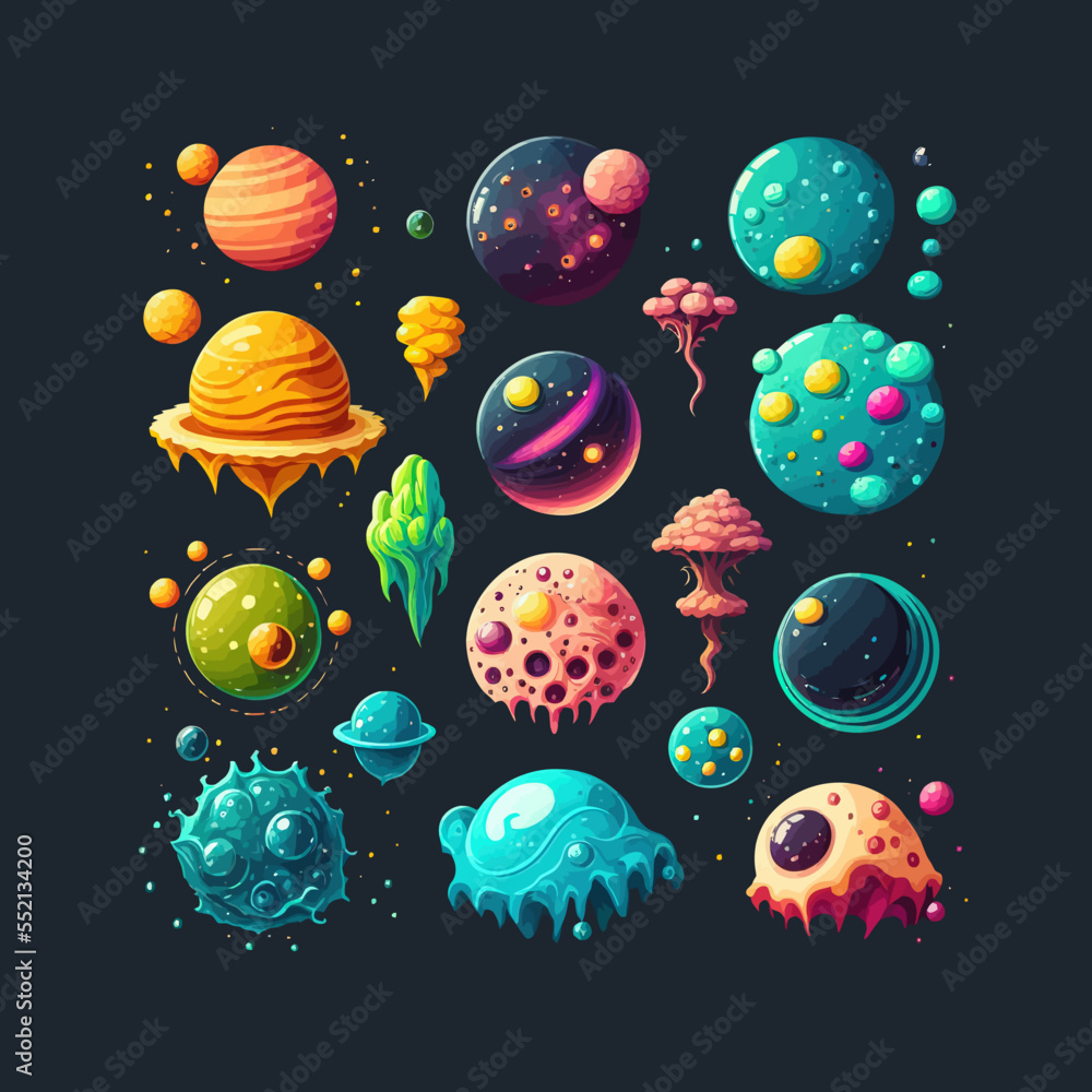 Fantasy alien planets for ui space game. Flat cartoon illustration ...