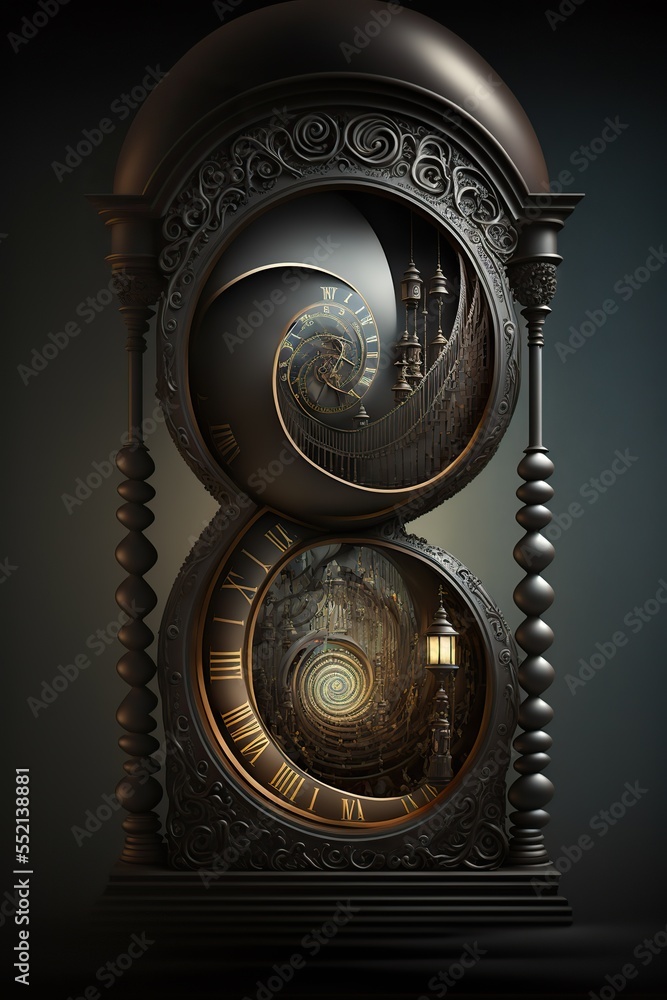 Spiral of time, dark hourglass clock. Passing of time concept ...