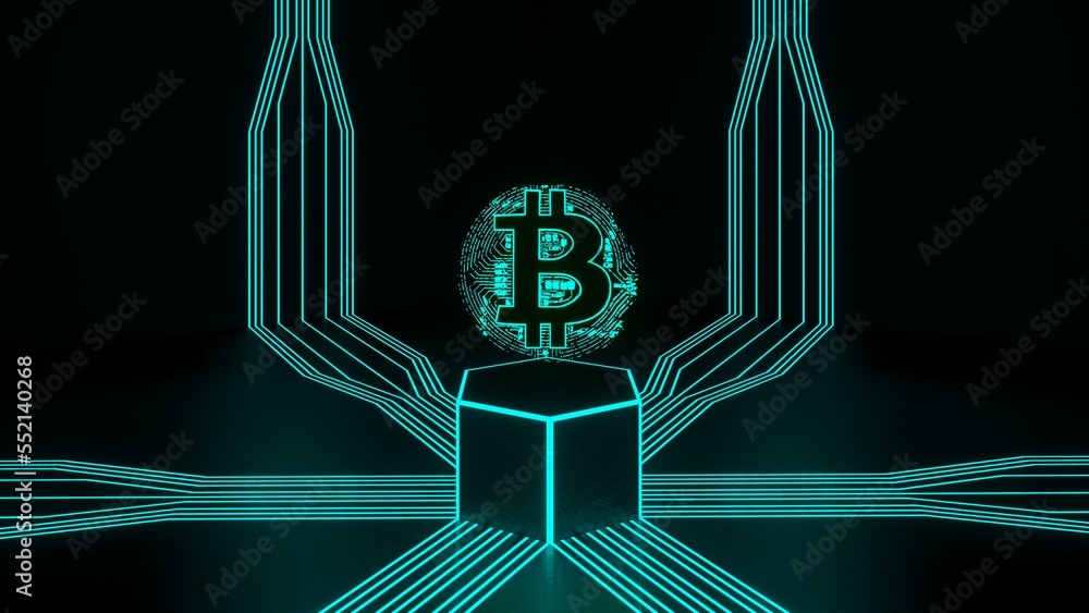 metaverse pedestal with cyan neon bitcoin BTC icon 3d cgi render ...
