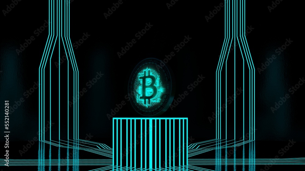 metaverse pedestal with bitcoin BTC 3d cgi render. Digital space design ...