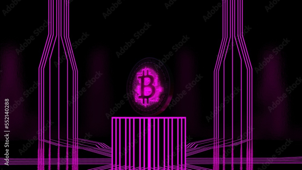 metaverse pedestal with bitcoin BTC 3d cgi render. Digital space design ...