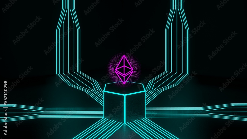 metaverse pedestal with purple neon Ethereum ETH icon 3d cgi render ...