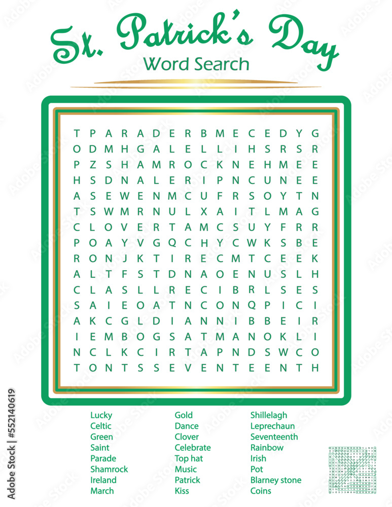 St Patrick's Day Word Search Puzzle Game with Answer Key Stock Vector ...
