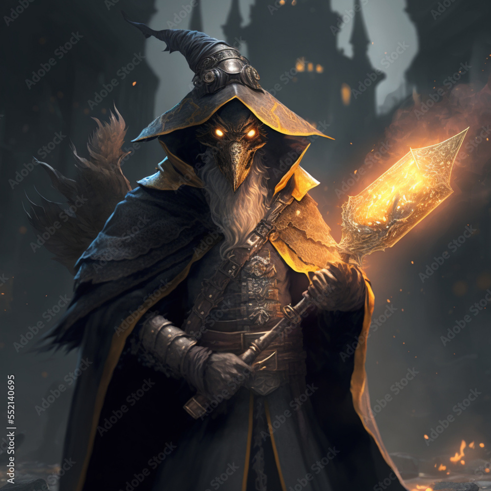 wizard young adult, wears black wizard robe, carry dagger and magic ...