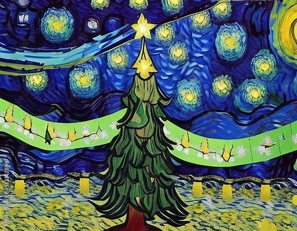 Christmas Tree in Starry Night - Van Gogh impressionist oil painting ...