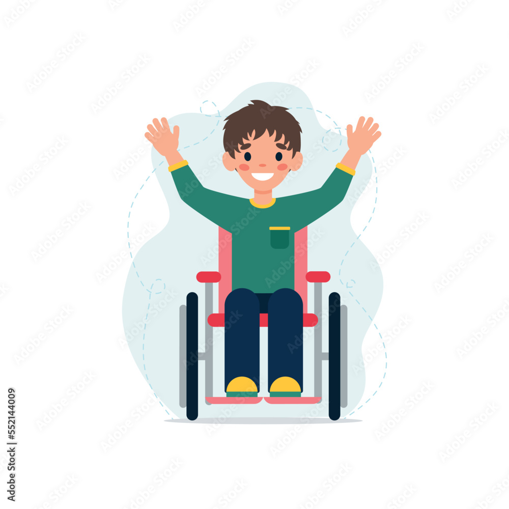 Cute smiling boy in wheelchair waving his hands. Child with ...