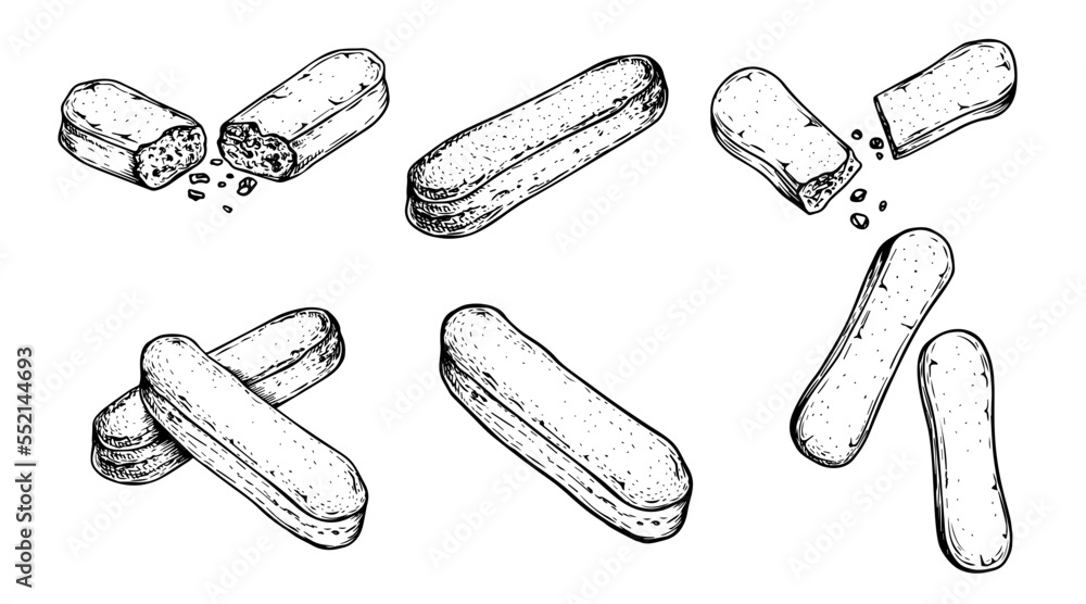 Savoiardi biscuit in sketch style set. Hand drawn Italian dessert ...