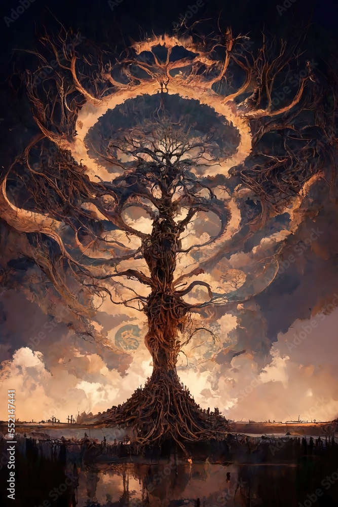 Yggdrasil Giant surreal tree with roots and vibrant fantasy sky ...