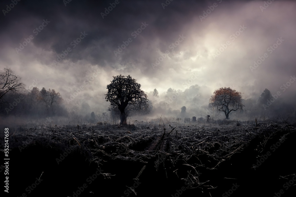 Haunted dry night forest landscape with glowing lights. Horror spooky ...
