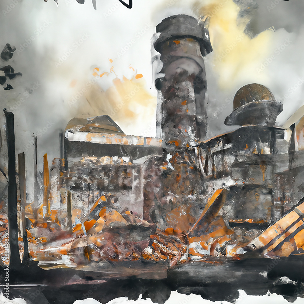 Generative AI watercolor illustration of a industrial facility damaged ...