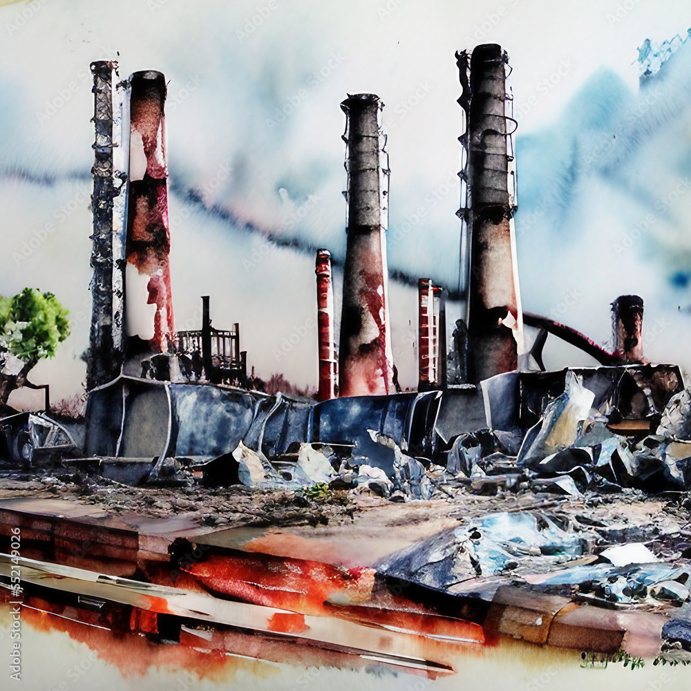 Generative AI watercolor illustration of a industrial facility damaged ...