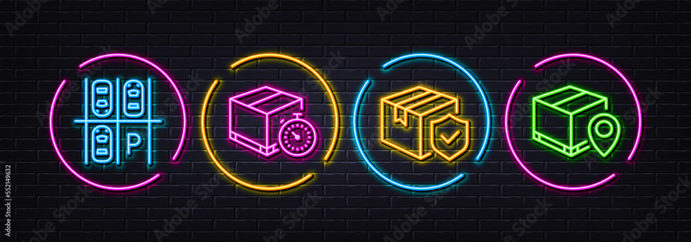 Delivery timer, Parcel insurance and Parking place minimal line icons. Neon laser 3d lights ...